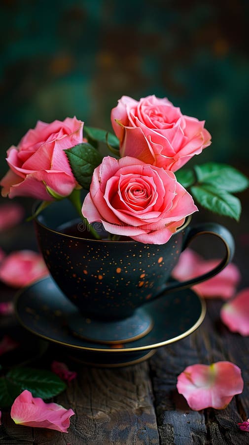A Black Tea Cup with Pink Roses in it Stock Image - Image of saucer ...