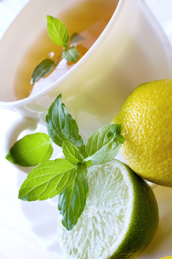 Black Tea with a Fresh Lemon and Mint Stock Photo - Image of herbal ...