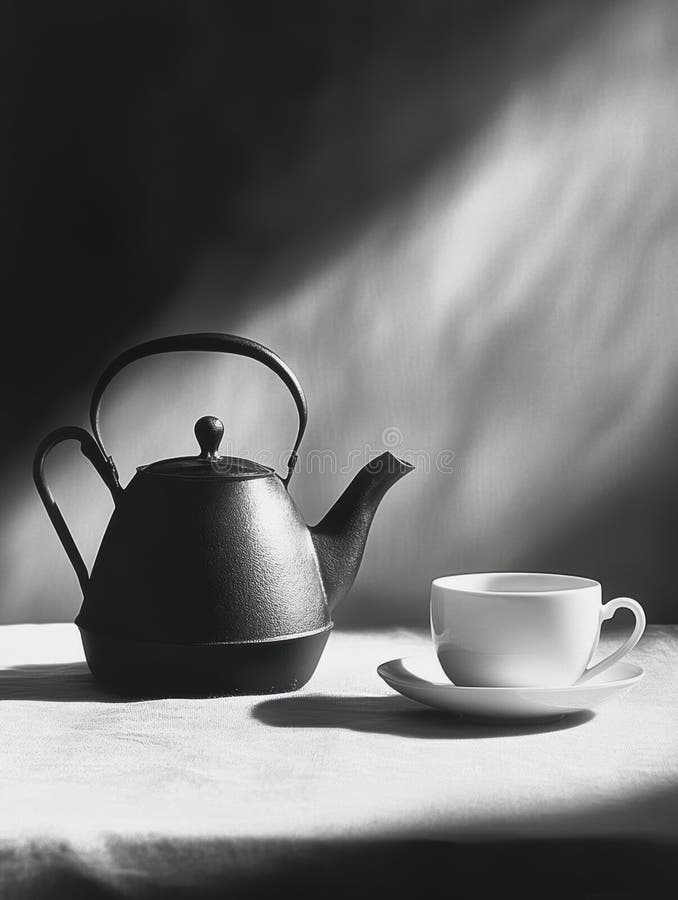 A Black Tea Kettle and a White Cup Rest on a Table, Illuminated by Soft ...