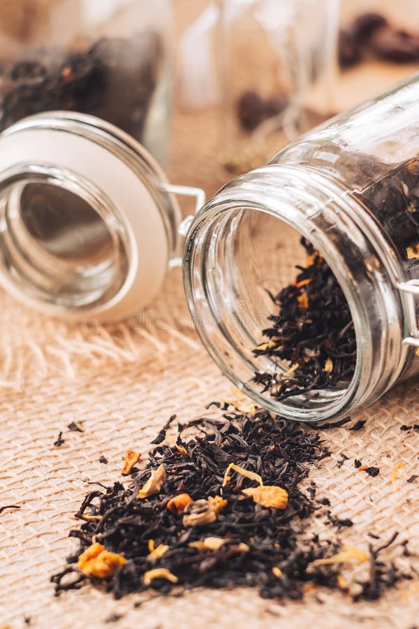 Black Tea with Natural Additives in a Glass Jar. Stock Image - Image of ...