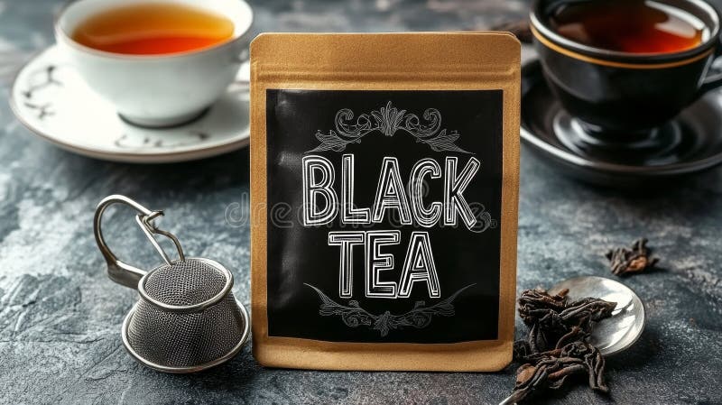 Black Tea Packaging Mockup with Two Cups of Tea and a Tea Strainer on a ...
