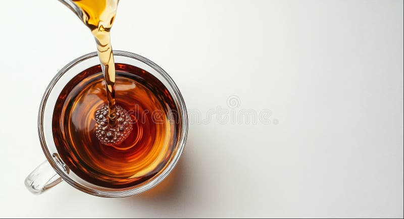 Black Tea is Pouring into Glass Mug, Top View, Tea Package Design ...