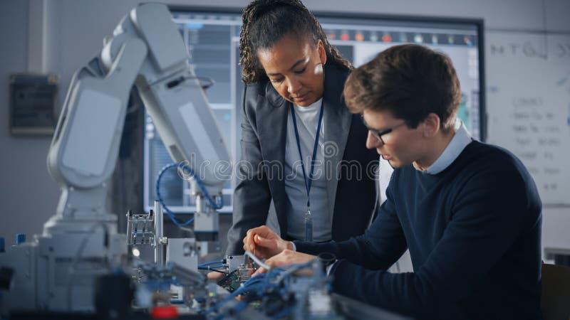 Male Student Engineer Discussing Ideas with Black Teacher while Working ...