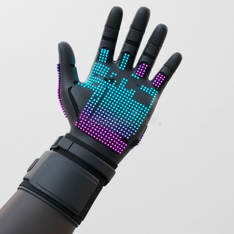 Black Tech Glove with Pixelated Blue and Purple Display on Hand Against ...