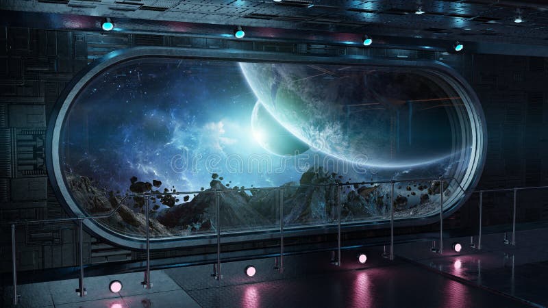 Black Tech Spaceship Round Window Interior Background 3D Rendering ...