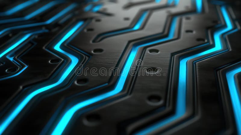 Black Technology Chip Surface with Blue Neon Lines Abstract Background ...
