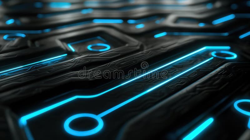Black Technology Chip Surface with Blue Neon Lines Abstract Background ...