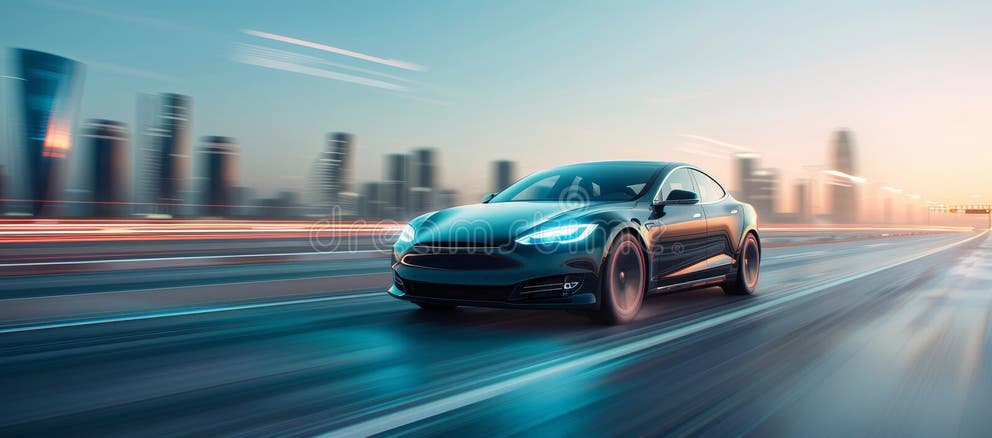 A Black Tesla Car is Driving Down a Highway by AI Generated Image Stock ...