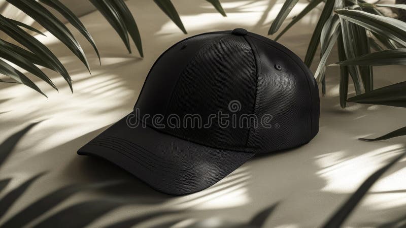 Black Textured Baseball Cap on Sand with Tropical Leaves and Pixelated ...