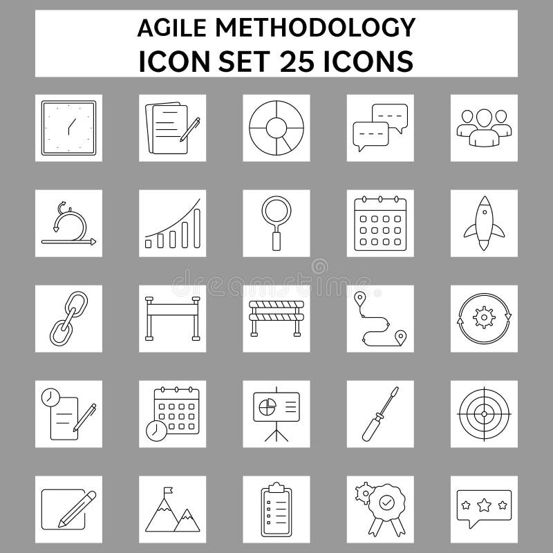 Black Thin Line Art of Agile Methodology Square Icon Set on Grey Stock ...