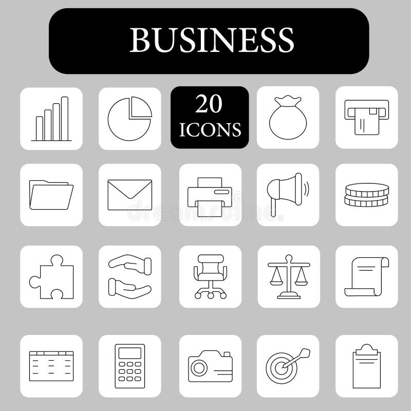 Black Thin Line Art of 20 Business Square Icons Stock Illustration ...