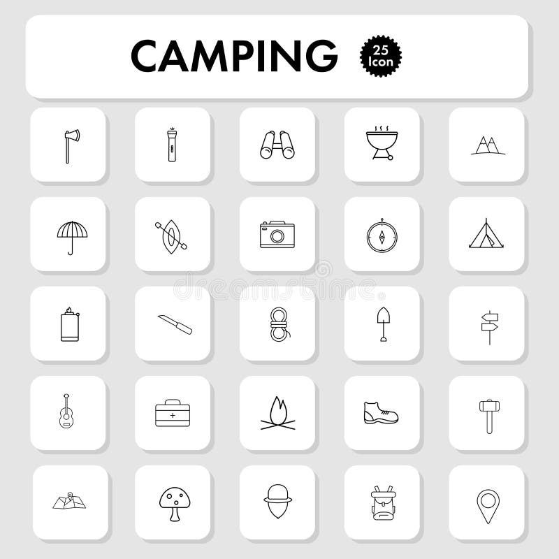 Black Thin Line Art Camping Icons or Symbol Set Stock Illustration ...