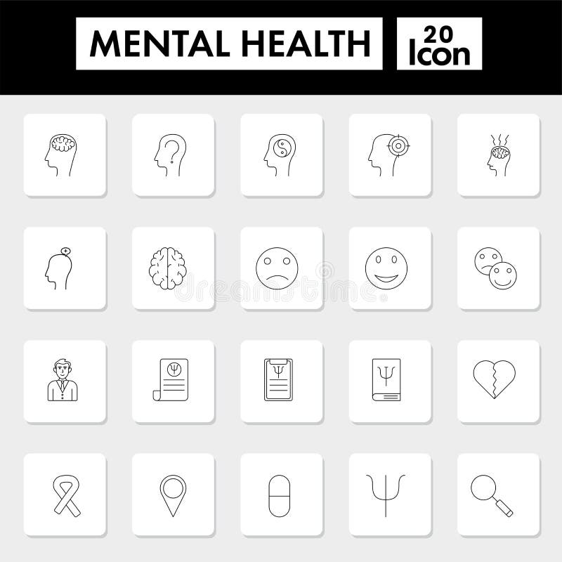 Black Thin Line Art of Mental Health Square Icons Stock Illustration ...