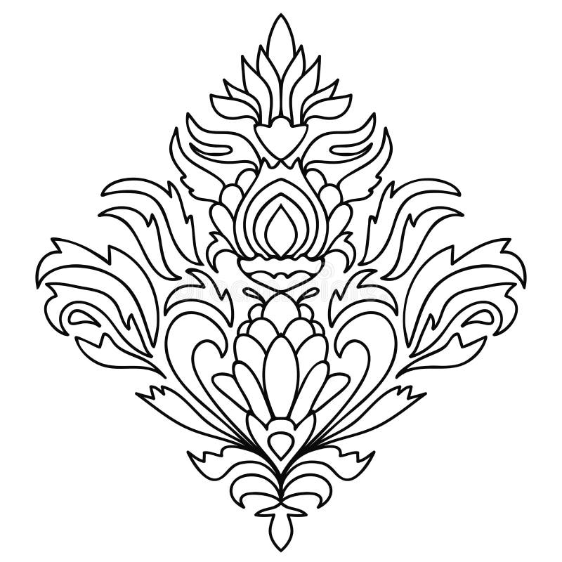 Black Thin Line Floral Damask Element Isolated on White Background ...