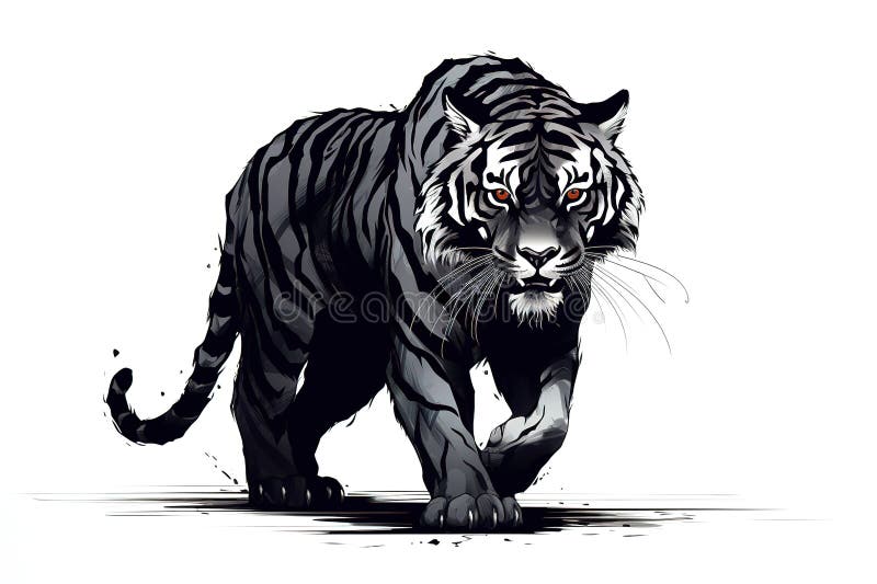 Black Tiger Hand Drawing on White Background. Wild Animals,. Stock ...