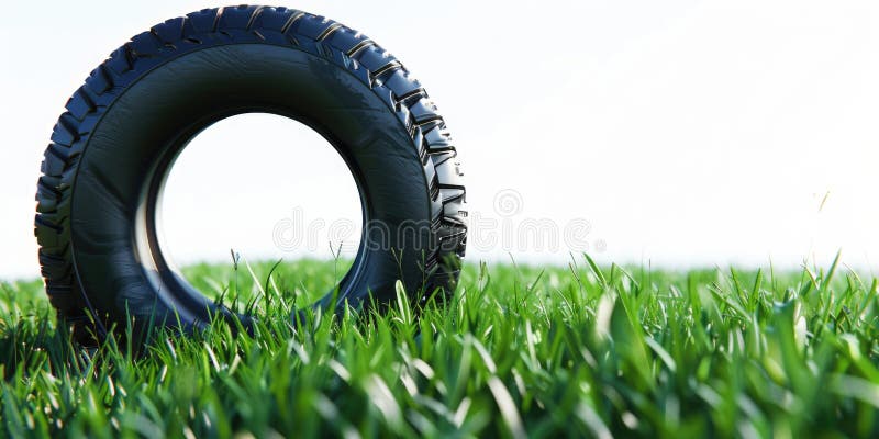 A Black Tire is Sitting in a Field of Green Grass. the Tire is in the ...