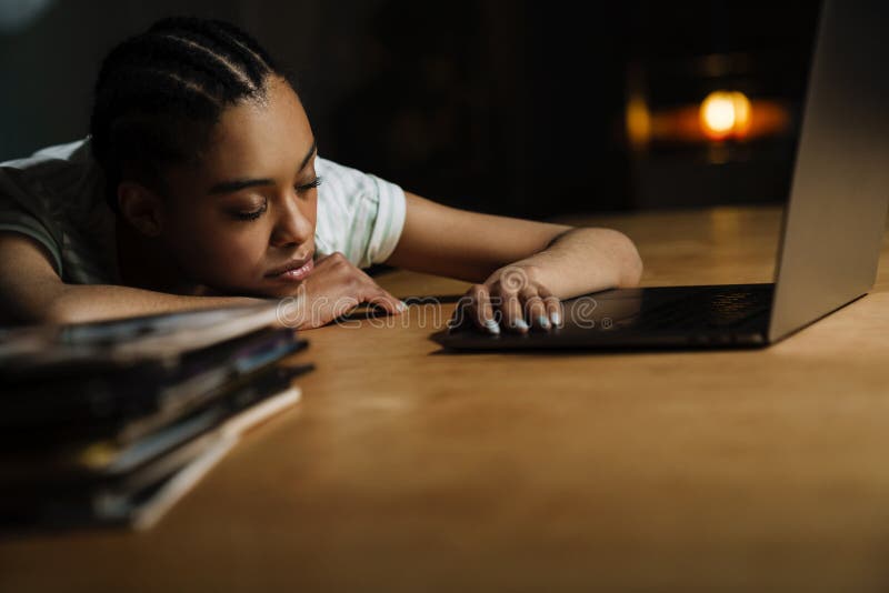 Black Tired Woman Sleeping while Working with Laptop in Office Stock ...