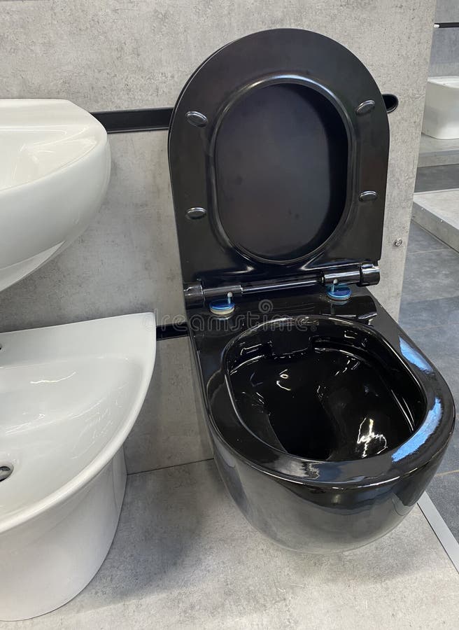 A Black Toilet Next To a White Sink Stock Photo - Image of sink, toilet ...