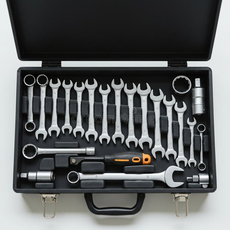 A Black Tool Case Contains a Set of Silver Wrenches and Sockets Stock ...