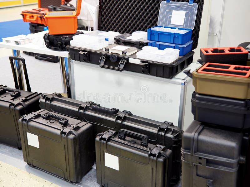 Black tools boxes in store stock photo. Image of safety - 138094820