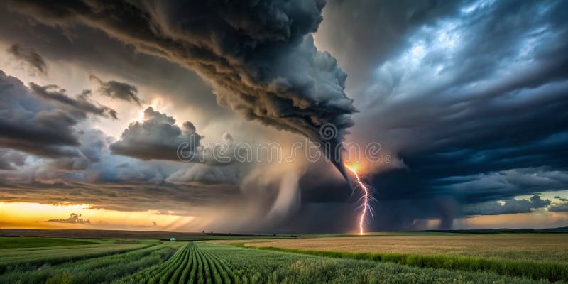 Black Tornado Funnel and Lightning Over Field during Thunderstorm AI ...