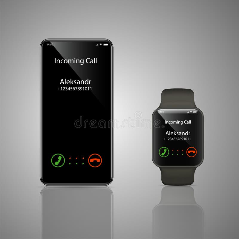 Black Touchscreen Smartwatch and Smartphone with Incoming Call on ...