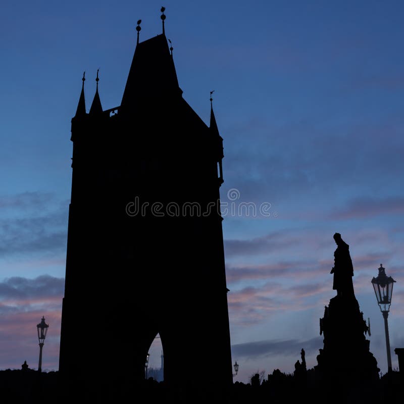 Black Tower after Sunset with Red Sky Stock Image - Image of historic ...