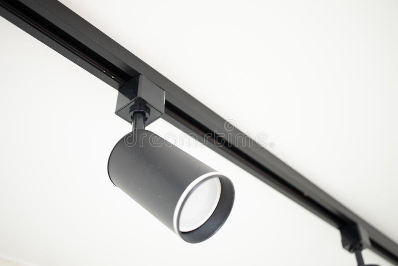 Black Track Spot Light on White Stretch Ceiling Stock Photo - Image of ...