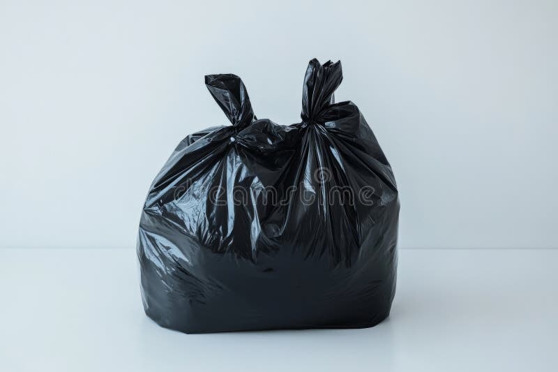 Black Trash Bag Filled with Waste Sitting on a Plain White Surface in a ...