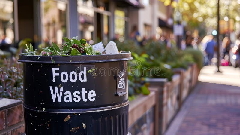 A Black Trash Can Overflowing with Food Scraps on a Sidewalk Stock ...
