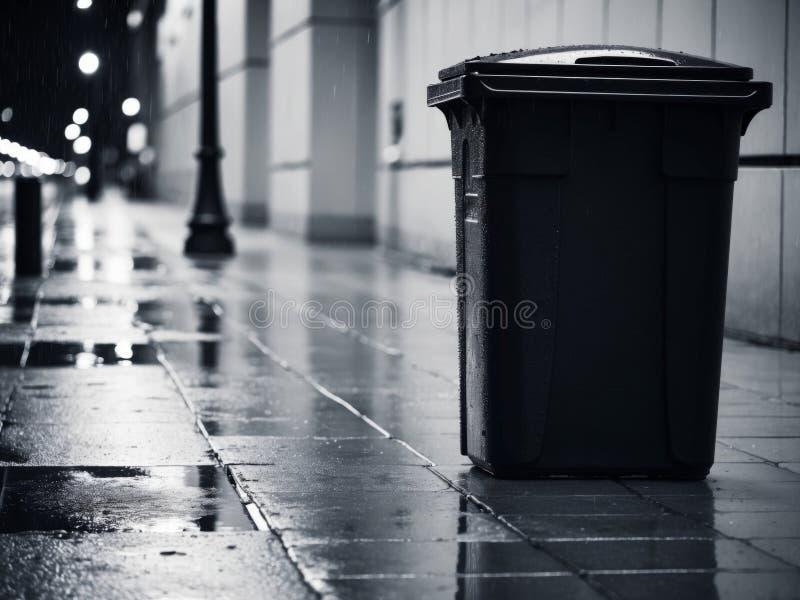 A Black Trash Can on a Wet City Sidewalk at Night. Stock Photo - Image ...