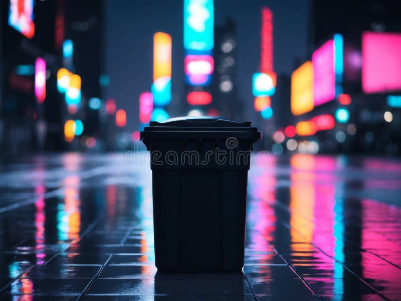 Black Trash Can on Wet Sidewalk in Front of Blurry City Lights at Night ...