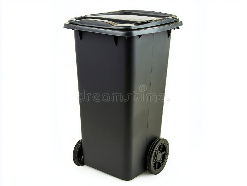 A Black Trash Can with Wheels on a White Background Stock Image - Image ...