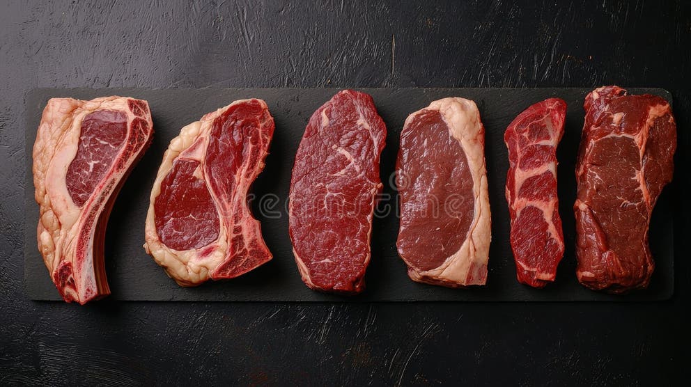 A Black Tray Holds Six Different Cuts of Beef, Each with Distinct ...
