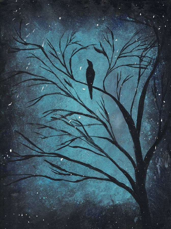 Black Tree with a Raven Painted with Acrylics Stock Illustration ...