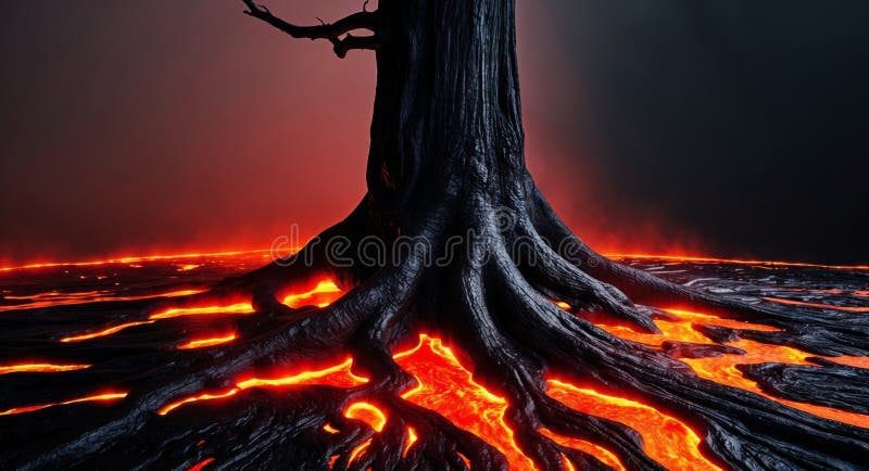 Black Tree Roots Surrounded by Burning Lava. Stock Illustration ...