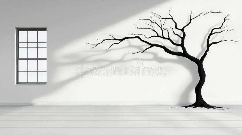 Black Tree Silhouette Casting Shadows on a White Wall Minimalist ...