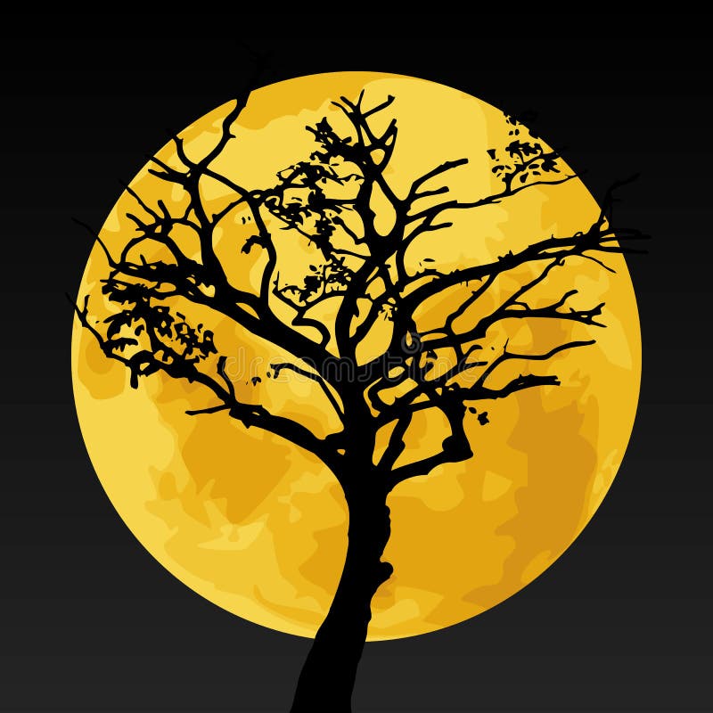 Black Tree Silhouette on Yellow Moon Stock Vector - Illustration of ...