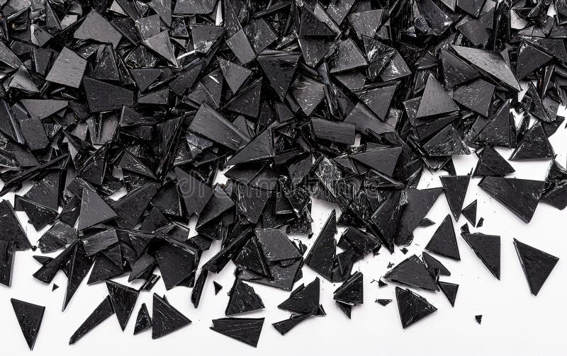 Black Triangular Fragments Scattered on a White Surface, Showcasing ...