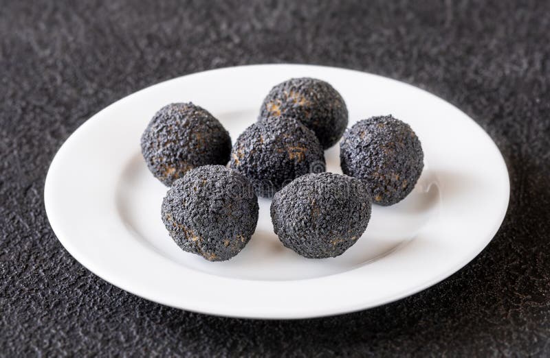 Black Truffle Mozzarella Balls Stock Photo - Image of crisp, black ...