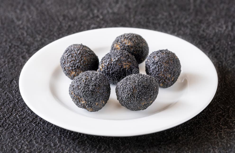 Black Truffle Mozzarella Balls Stock Photo - Image of crisp, black ...