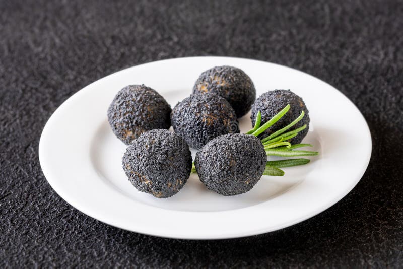 Black Truffle Mozzarella Balls Stock Photo - Image of nugget, black ...