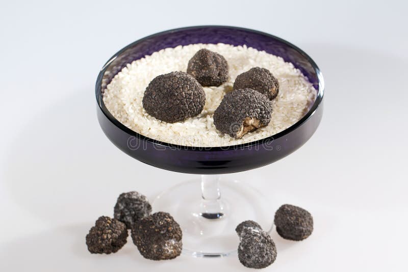 Black Truffles in Rice on a White Background. Stock Image - Image of ...