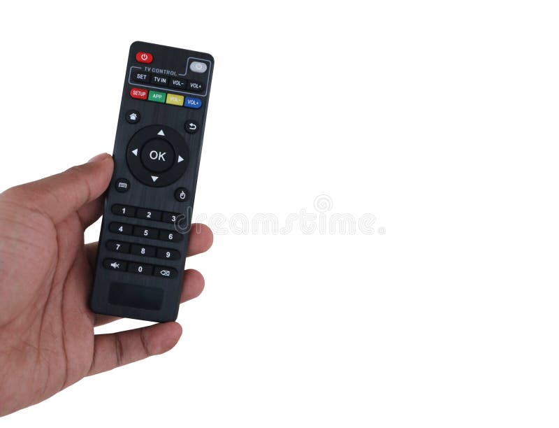 A Black TV Remote Control Held in a Person S Hand, Isolated on a White ...