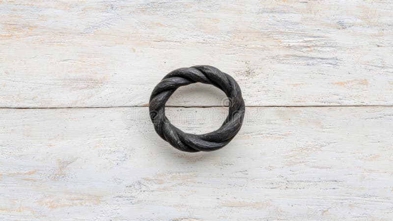 A Black Twisted Rope on a White Wooden Surface. Stock Image - Image of ...