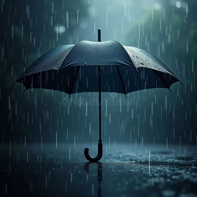 A Black Umbrella Stands Upright in a Puddle As Heavy Rain Falls Around ...