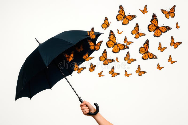 A Black Umbrella from Which Butterflies Fly Out. Stock Photo - Image of unusual, freedom: 401536438