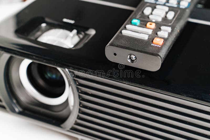 Black Universal Video Projector with Remote Control Stock Image - Image ...