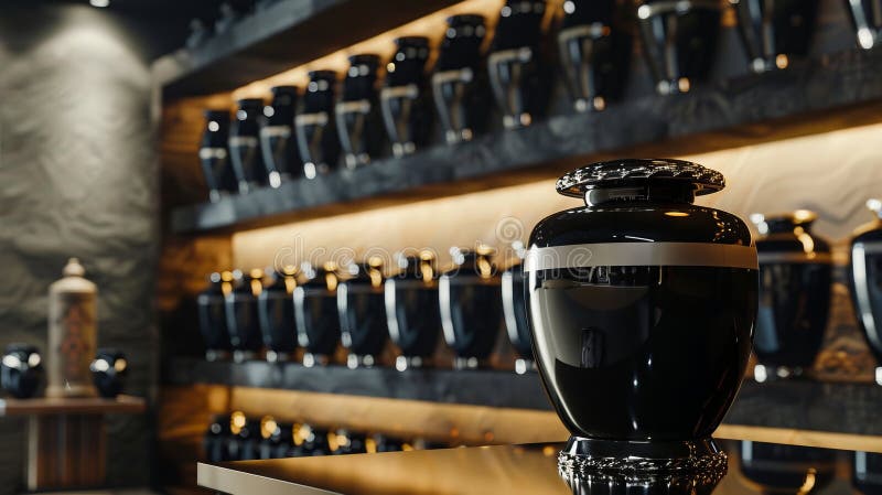 A Black Urn Sitting on a Shelf in a Room Stock Photo - Image of ...