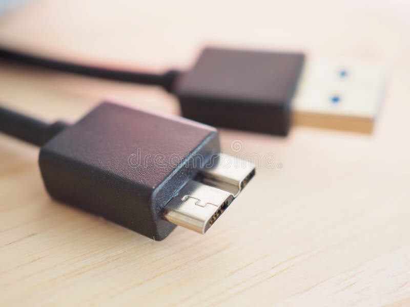 Black USB Cable with Usb3 Connector on Board Wood with High-speed Data ...